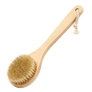 hikin dry bath body brush back scrubber 9.84", short handle natural bristles bath & shower brush with anti-slip wooden handle, perfect for exfoliating/blood circulation/detox and cellulite, etc.