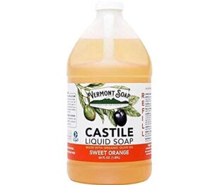 vermont pure castile soap orange, gentle liquid soap for sensitive skin & natural body wash, organic hair shampoo for oily hair, aloe castile soap for men & women - 64 oz