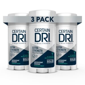 certain dri extra strength clinical antiperspirant solid deodorant, hyperhidrosis treatment for men & women, long-lasting 72hr protection, effective sweat control, powder fresh scent, 1.7oz, 3 pack