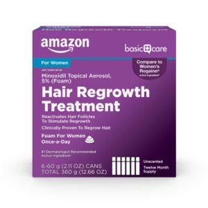 amazon basic care hair regrowth treatment for women, minoxidil 5% topical aerosol (foam), 12 month supply, unscented, 2.11 ounce (pack of 6)