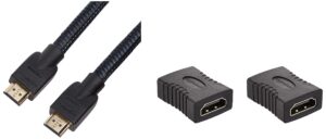 amazon basics nylon-braided 4k, 18gbps hdmi to hdmi cable, 25 feet & hdmi coupler, 29 x 22mm, black - pack of 2