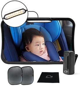 moyu home baby car mirror, infant rear facing car seat mirror with light,child shatterproof observation mirror,crystal clear view with 360° pivot, black