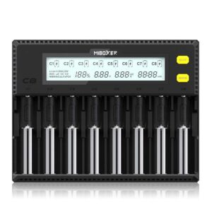 miboxer 18650 battery charger, 8-bay smart charger with automatic lcd display, fast charge rechargeable li-ion lifepo4 ni-mh ni-cd aa aaa c 21700 26650 13650 16340 18350 18700 rcr123