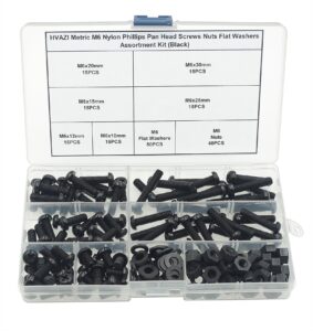 hvazi metric m6 nylon phillips pan head screws nuts flat washers assortment kit (black)