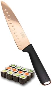 taylors eye witness juno rose gold santoku knife - 17cm/6.5 inch multi-use cutting edge. precision taper ground, titanium coated granton blade. strong, over moulded handle. 5 year guarantee