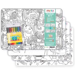 merka 4 pack kids coloring placemats with 7 dry erase markers, toddler placemats for dining table featuring jungle, space, sea, unicorns, fun activity for boys and girls