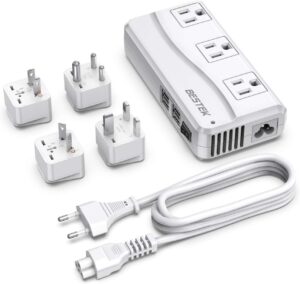 bestek universal travel adapter 100-220v to 110v voltage converter 250w with 6a 4-port usb charging 3 ac sockets and eu/uk/au/us/india worldwide plug adapter (white)