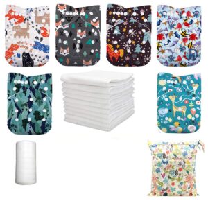 dodo bear cloth diapers washable pocket nappy, 6pcs cloth diapers+6 inserts +1 wet bag +1 roll liners (color1)