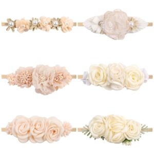 cn baby girls floral headbands nylon flowers crown hair bow elastic bands for newborn infant toddlers kids pack (white c)