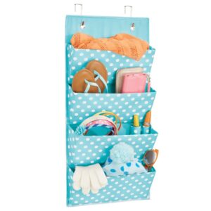 mdesign soft fabric wall mount/over door vertical hanging storage organizer center - 4 large pockets for baby child/kids bedroom, nursery, playroom, closet - polka dot print - turquoise blue/white