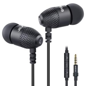 adorer wired earphones, em10 powerful bass in ear headphones with microphone and volume control, noise isolating earphones - black