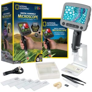 national geographic digital microscope for kids – 40-piece handheld microscope, lightweight, portable, capture 1080p photos & video on micro sd card, tilting 4.3-inch lcd screen, 800x magnification