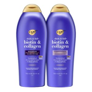 ogx thick & full + biotin & collagen extra strength volumizing shampoo + conditioner with vitamin b7 & hydrolyzed wheat protein for fine hair, 25.4 oz pack of 2