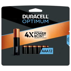 duracell optimum aaa batteries with power boost ingredients, 12 count pack with long-lasting power, all-purpose alkaline aaa battery for household and office devices