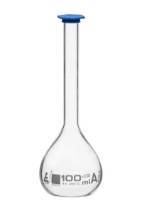 eisco volumetric flask, 100ml - class a, astm - snap cap - white graduation mark, tolerance ±0.080ml - borosilicate glass