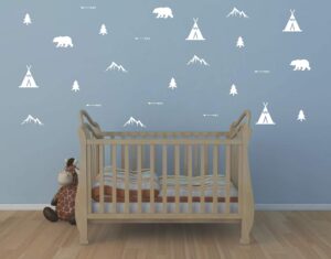 set of woodland bears, arrows, teepees, trees and mountains wall decals, vinyl stickers for bedroom, living room, school, nursery wall decals a41 (white)