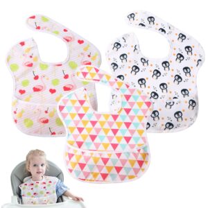 little dimsum 3 pack baby bibs waterproof bib easy to clean feeding bibs weaning bibs adjustable closed for babies toddlers with large pocket 6-36months(penguin & flamingo &triangle)