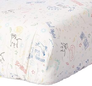 ed ellen degeneres doodle dog - 100% cotton fitted crib sheet, all-over doodle print, ivory, royal, red, yellow