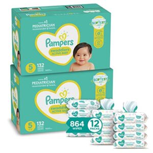 pampers swaddlers disposable baby diapers size 5, 2 month supply (2 x 132 count) with sensitive water based baby wipes, 12x pop-top packs (864 count)