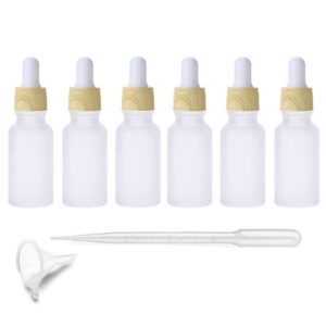 6pcs 20ml empty refillable translucent frosted glass dropper bottles perfume essential oil lotion liquid vials container sample sub-bottles with plastic wood grain cap, 1 funnel+1 3ml transfer dropper