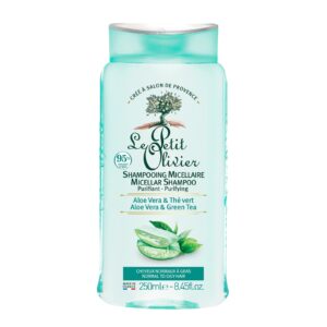 le petit olivier purifying micellar shampoo - aloe vera and green tea - cleanses hair - reduce excess sebum - suitable for normal to oily hair - free of silicones - 8.45 oz