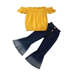 toddler baby girl clothes off shoulder tube top shirt bell bottom jeans pants summer outfits (yellow top, 4-5t)