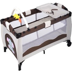 baby joy 3 in 1 pack and play, portable playard with hanging toys, 2 lockable wheels diaper changing table, foldable travel bassinet bed (coffee)