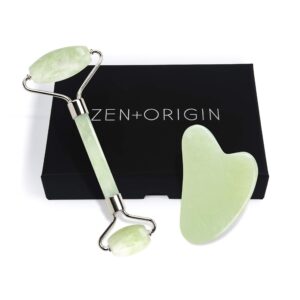 jade roller and gua sha set - 100% natural jade stone face roller, dual sided massage roller stimulates blood flow, relieves stress, reduces signs of aging, travel pouch included, gift box