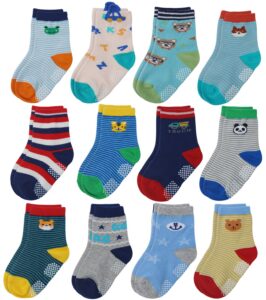 flanhiri baby boys toddler non skid cotton socks with grip (1-3 years, 12 pairs - set 4/713717)