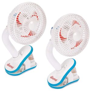 diono stroller fans, pack of 2 clip on baby safe stroller fans with flexible neck for perfect angle, universal fit with most strollers