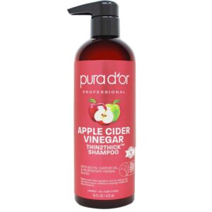 pura d'or 16 oz apple cider vinegar thin2thick shampoo - biotin, castor oil for reduced frizz, split ends, clarifying & detox, no parabens, no sulfates, all hair types, men & women