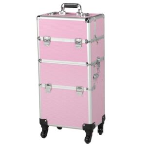 topeakmart 3 in 1 aluminum professional rolling cosmetic case, beauty storage trolley, make up storage organizer, makeup travel case - with wheels, folding trays and large compartments - pink