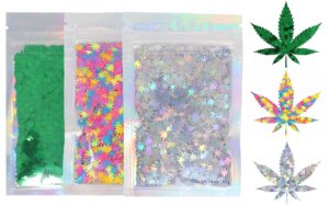 3 pack - green, rainbow & silver holographic leaf glitter - solvent resistant & cosmetic grade - face body nails resin arts & crafts, tumblers, bath bombs, resin - weed pot marijuana leaf