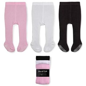 la active baby girl tights warm cotton leggings tights, non-skid seamless cable knit stockings for 0 months-3 months infant toddler, pink & white & black-3 pairs