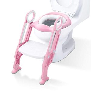 potty training toilet seat with step stool ladder for kids children baby toddler toilet training seat chair with soft cushion sturdy and non-slip wide steps for girls and boys (pink white)