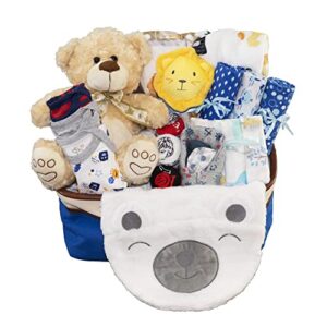 joyful arrival deluxe baby boy gift set, baby layette set with 21-piece new baby essentials and canvas diaper organizer for expecting moms and new parents, blue - nikki’s gift baskets