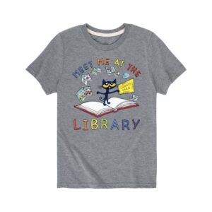 instant message - pete the cat - meet me at the library - youth short sleeve graphic t-shirt - size medium athletic heather