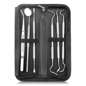 professional dental tools kit,6 pcs teeth cleaning tools set,oral care kit with tooth pick, dental mirror, tartar scraper, dental probe, dental scaler, dental tweezer for personal & pet oral care use