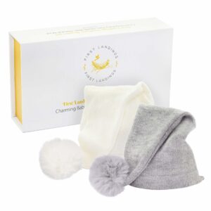 first landings cashmere wool newborn hats (2-pack) ultra soft baby hats gift set - adorable long baby beanie with pom poms - newborn photography props