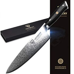 levinchy 8 inch damascus chef knife with black premium g10 handle, professional damascus stainless steel knife, ergonomic, superb edge retention, stain & corrosion resistant