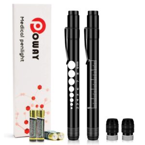 opoway pen light nurse pen light medical pen lights with pupil gauge for nurses doctors nursing students 2pcs black with batteries(2 replacement warm light bulbs included)