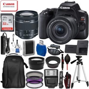 canon eos rebel sl3 dslr camera (black) with 18-55 is stm 3453c002 usa 17pc must have bundle: includes – 32gb sandisk highspeed memory card + 50” tripod + professional backpack + 3pc filter kit + more