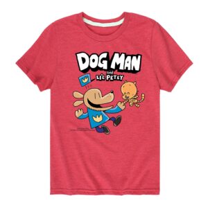 dog man and lil petey - youth short sleeve graphic t-shirt - size large heather red