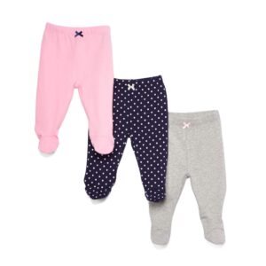 spasilk baby girls cotton pull on footie pants leggings with feet, pack of 3, pink & gray