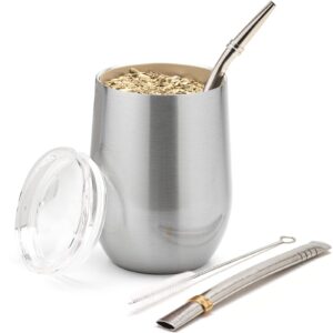 balibetov 5 pcs large yerba mate cup and bombilla kit, includes one 12 oz yerba mate gourd with lid, two bombillas mate straw and one cleaning brush | stainless steel | double walled