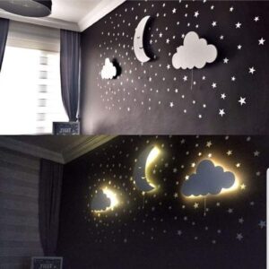 2x cloud+1 moon wall light, + silver star stickers, nursery room decor wall light set of 3 wooden wall light with led, 100pcs silver star wall decals gift!