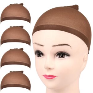 fandamei wig cap, 4 pieces dark brown stocking wig caps stretchy nylon wig caps for women