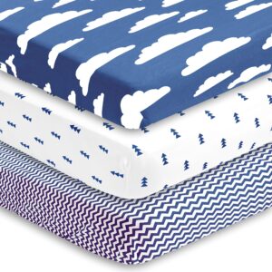 baebae goods fitted baby crib sheets for boys and girls, 3 pack, soft and breathable jersey cotton, white and navy, cute gender neutral nursery mattress bedding, universal fit