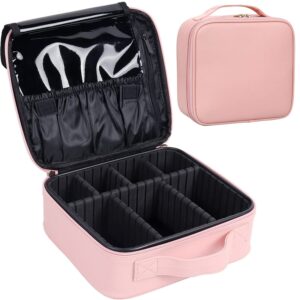 bvser travel makeup case, pu leather portable organizer makeup train case makeup bag cosmetic case with adjustable dividers for cosmetics makeup brushes women (pink)