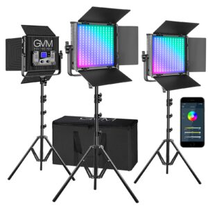 gvm rgb video lights with app control, 50w full color studio video lighting kit, led video lights for youtube photography lighting, 3 packs led light panel, aluminum alloy shell, 3200k-5600k